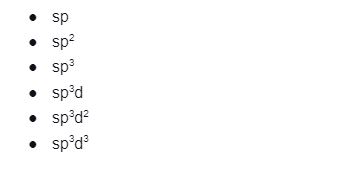 sp, sp2, sp3, sp3d, sp3d2 Hybridised Orbitals, Examples